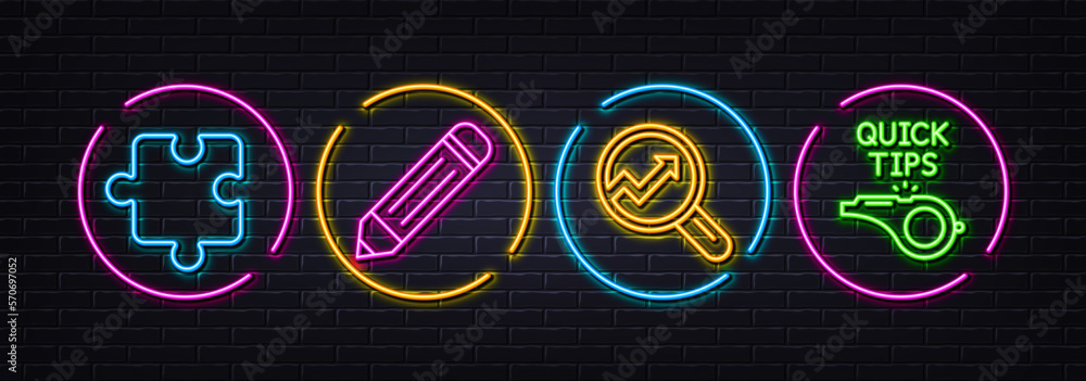 Analytics, Pencil and Puzzle minimal line icons. Neon laser 3d lights. Tutorials icons. For web ...