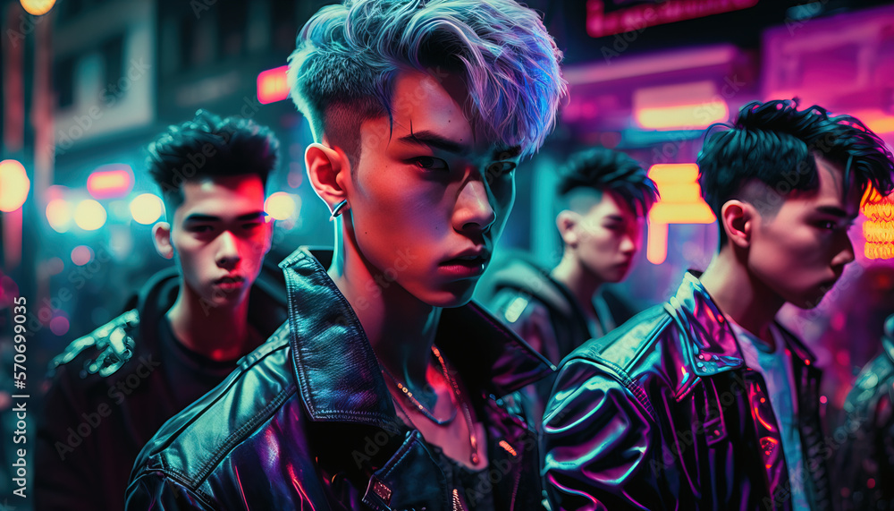 Four young k-pop dancers with neon lights at the street on the night ...