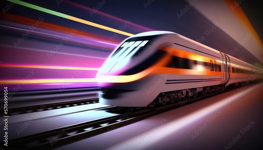 High Speed Train with Motion Blur and DOF Effect. Glowy Neon Lines ...