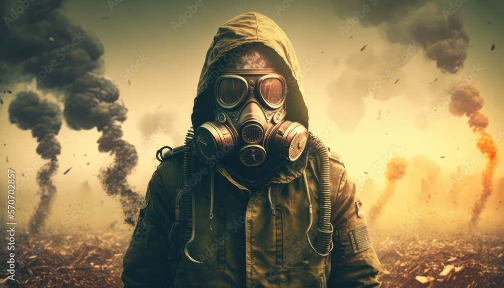 Man in gas mask surviving post-apocalyptic world with decaying urban ...