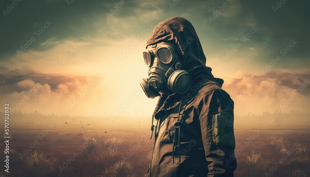 Man in gas mask surviving post-apocalyptic world with decaying urban ...