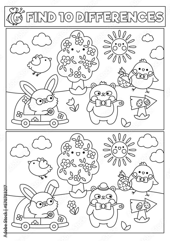 Easter black and white kawaii find differences game for children ...