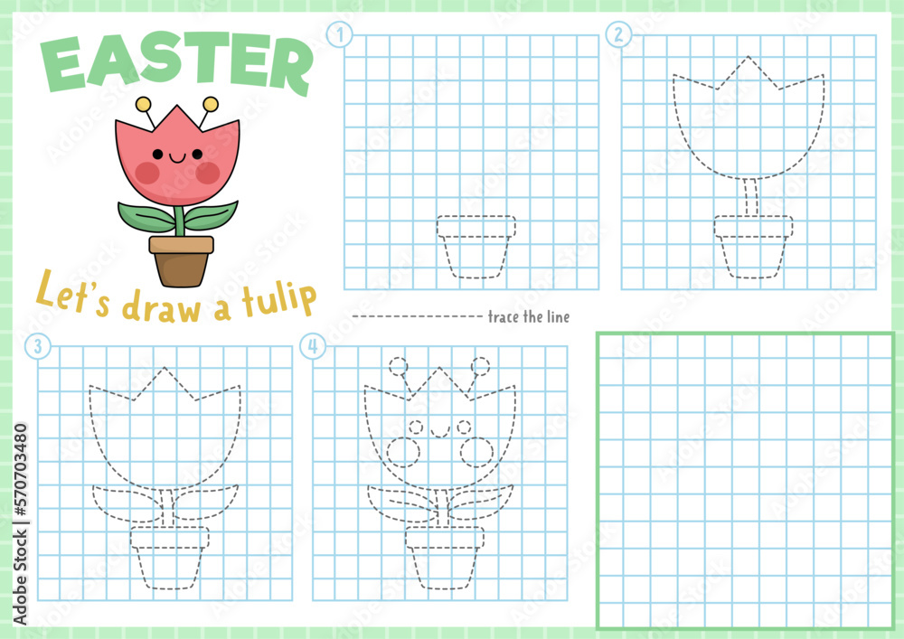 Garden step by step drawing worksheet. How to draw a tulip in pot ...