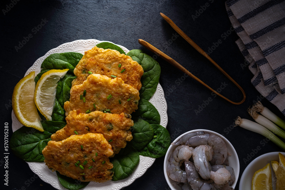 Shrimp and scallion "jeon," a Korean savory pancake or fritter popular ...