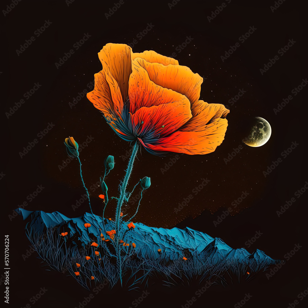 Artistic Colorful California Poppy with Starry Night Sky, Mountains ...