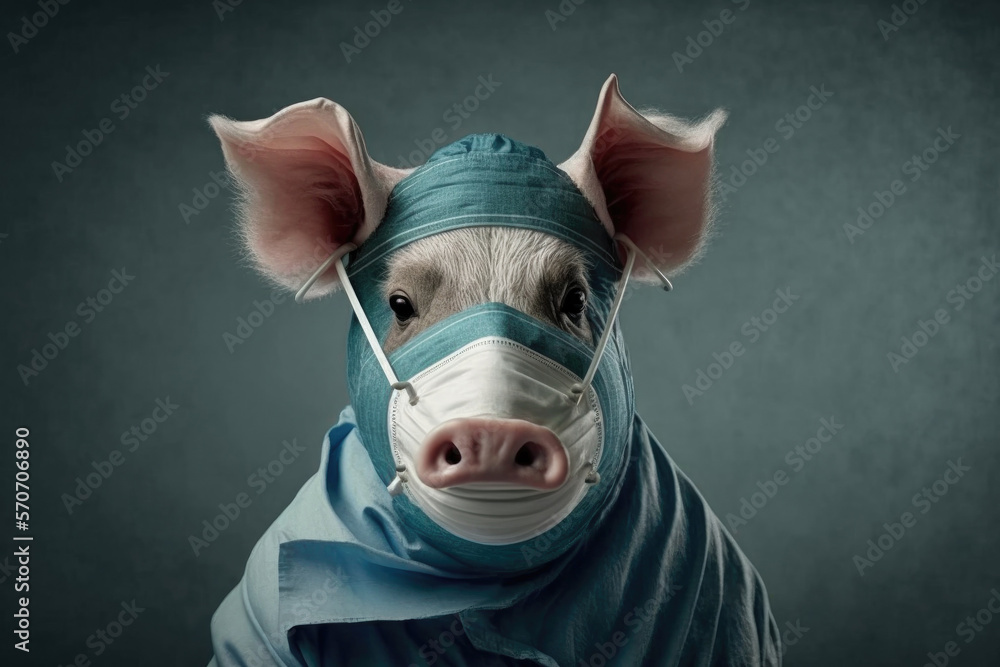 Swine influenza, pig flu concept made with pig wearing medical face ...
