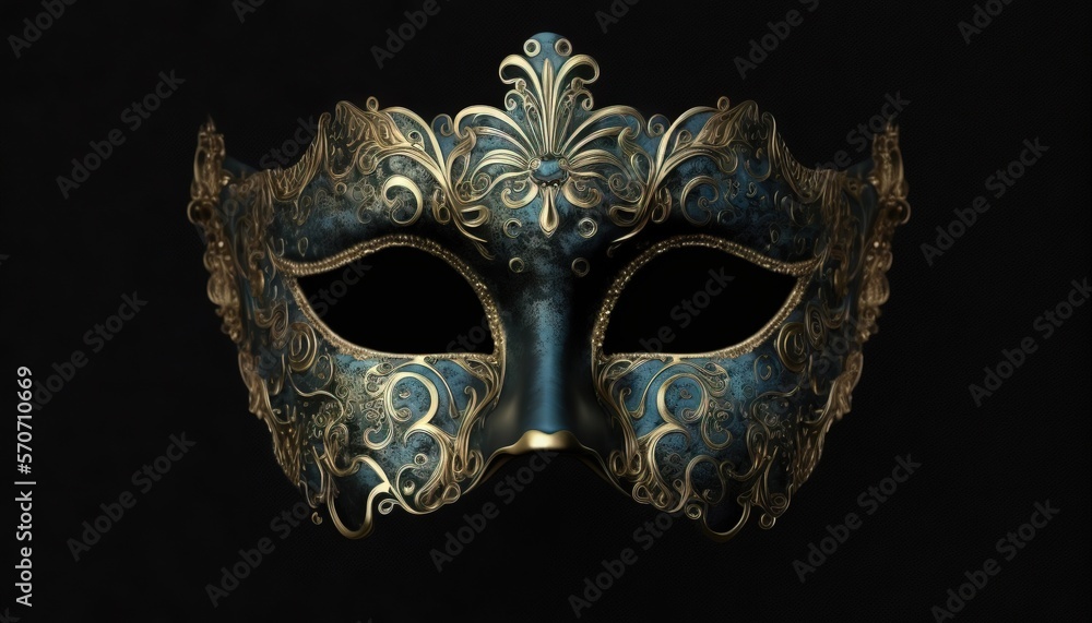 a blue and gold masquerade mask on a black background with a black back ...