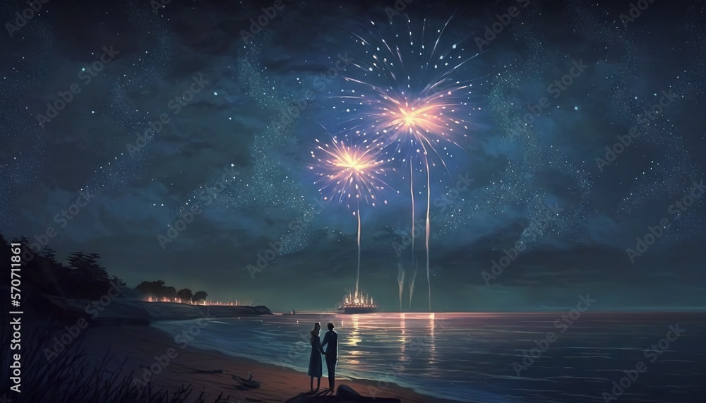 two people standing on a beach watching fireworks go off in the sky ...