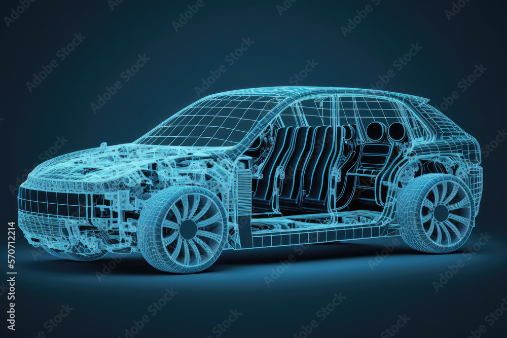 Virtual simulation of future electric car showing wireframe prototype model blueprint in display ...