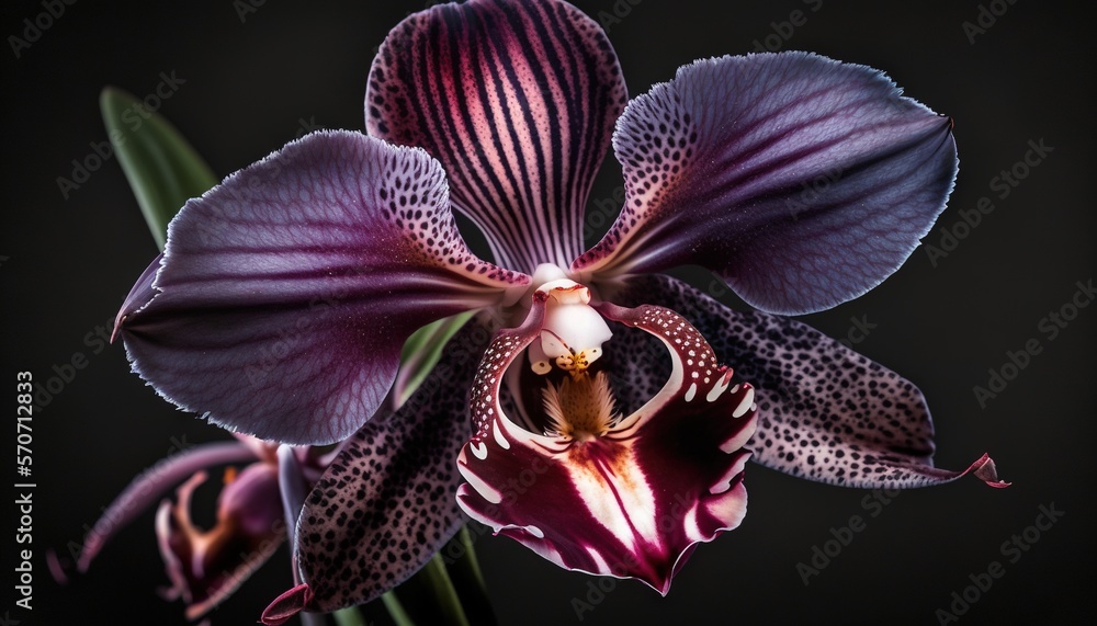 a close up of a purple flower on a black background with a spotty ...