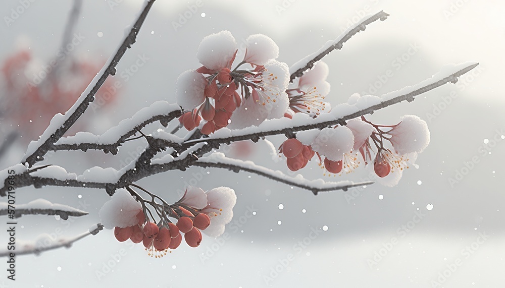 a branch of a tree covered in snow with red berries hanging from it's ...