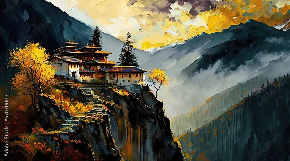 paint like illustration of beautiful village on mountain, inspired from ...