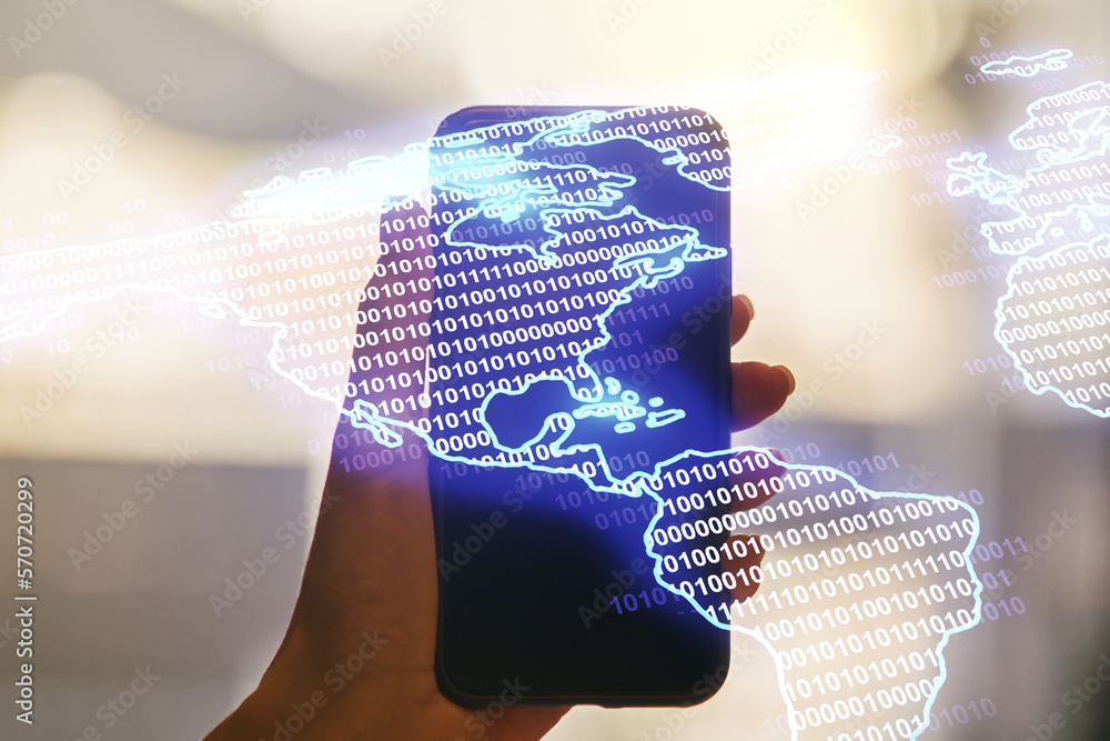 Digital America map and hand with mobile phone on background, global ...