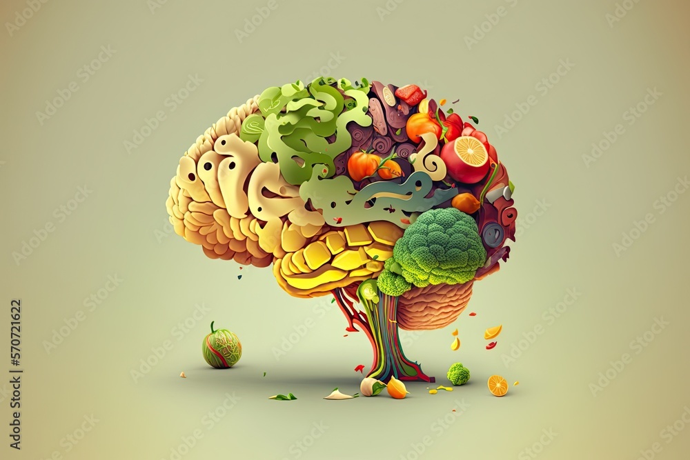 Food in a shape of a brain on a colorful background. Nutrition concept ...
