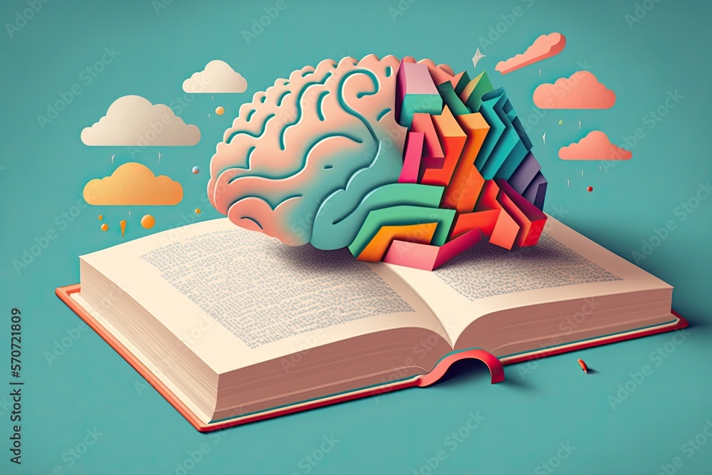 Human brain on a book and color background. Minimal abstract concept of ...
