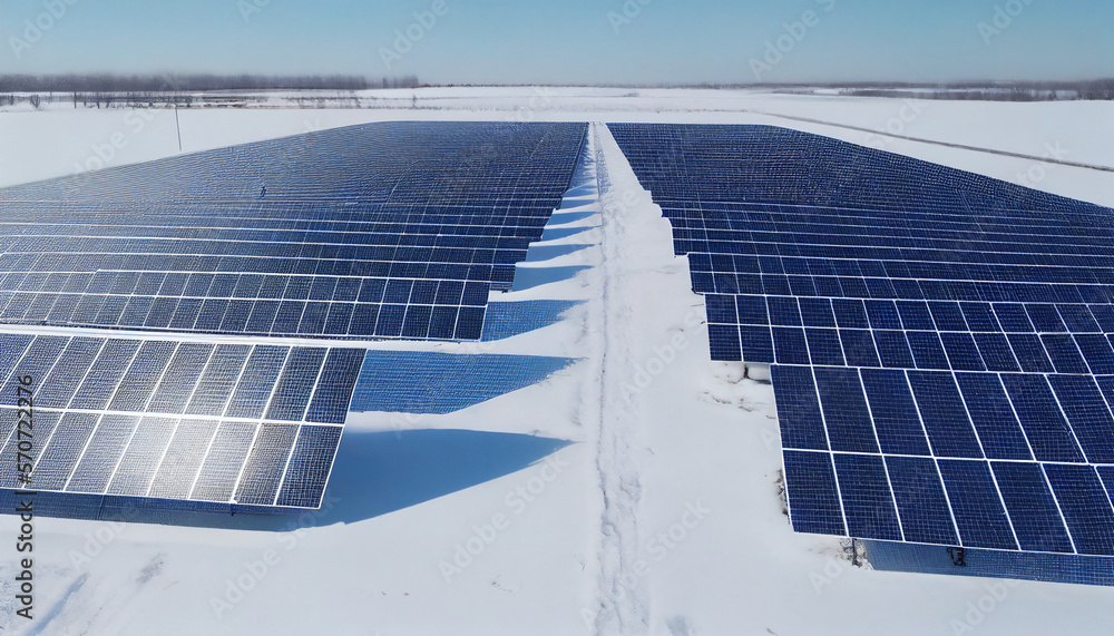 Solar panels grid in solar farm. Winter day after winter snow. Power ...