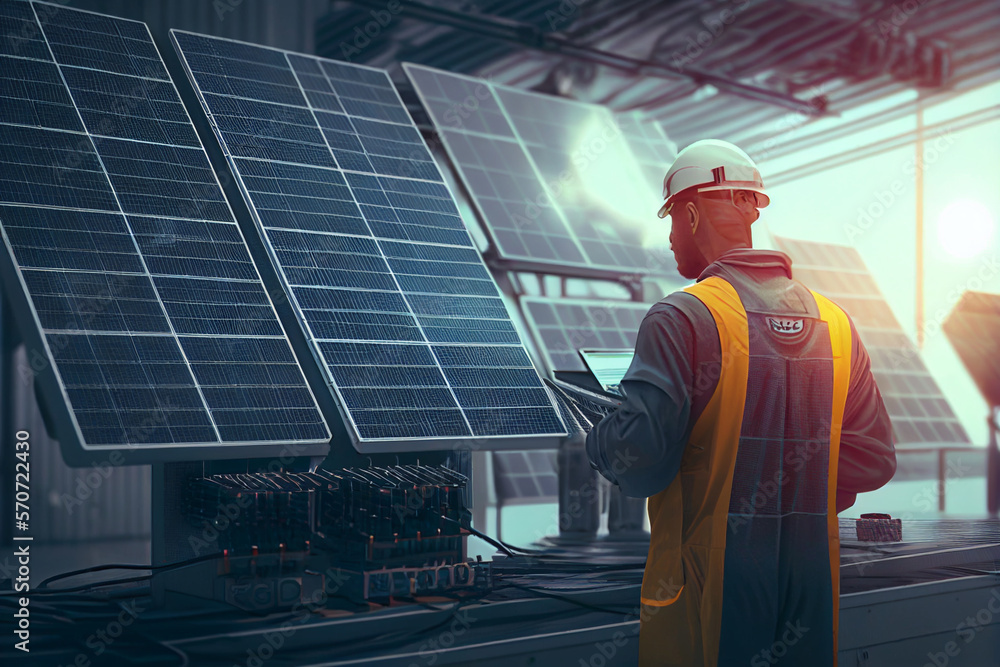 Technical worker installs solar panels, concept for green energy ...