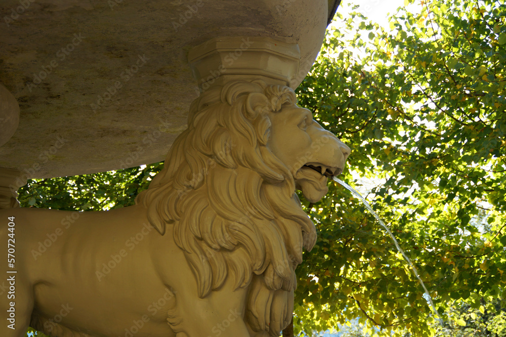 beautiful water fountain with royal Bavarian lions in the garden of ...