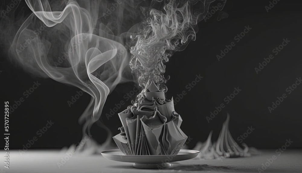 a black and white photo of a teacup with smoke coming out of the top of ...