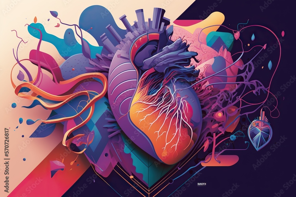 Stylized beating heart surrounded by array of abstract shapes in ...