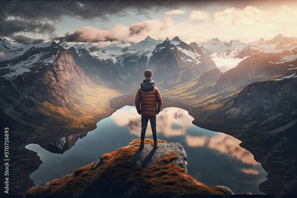 ai generative, illustration of a boy standing on a high mountain and ...