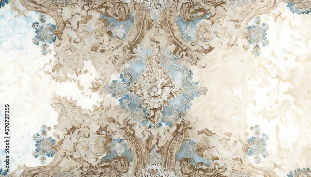 a wallpaper with a blue and beige design on it's side and a white and ...