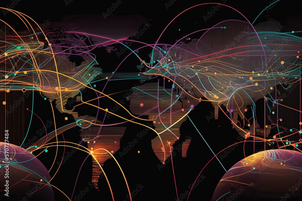 Abstract visualization of global economy with colorful lines shapes and ...