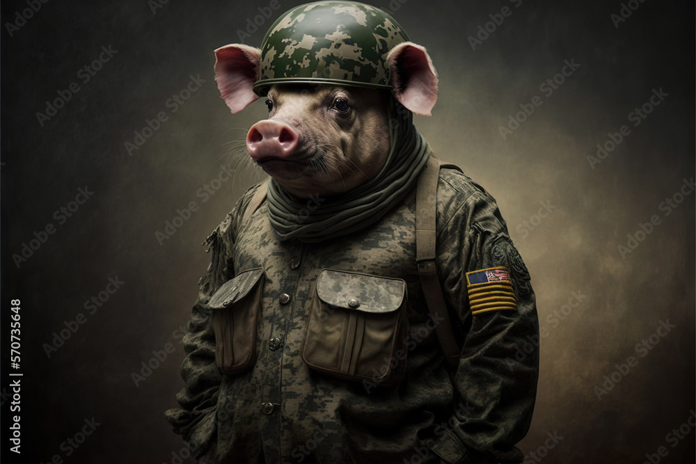Pig dressed as soldier, concept of Military Uniform and Toy Pig, created with Generative AI ...