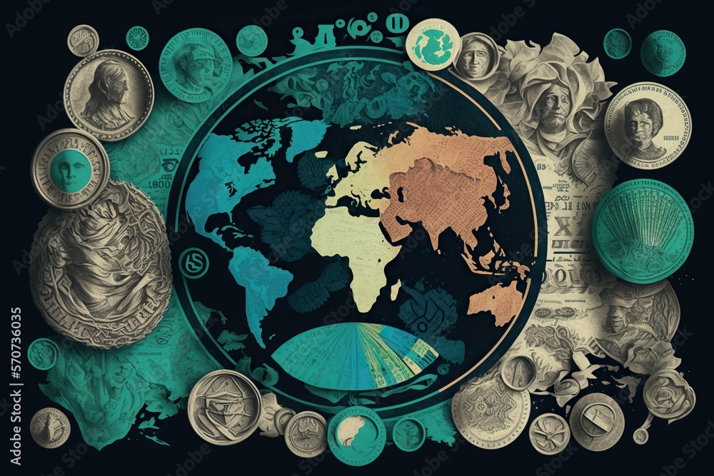 Illustration of currency exchange with colorful bank notes and coins ...