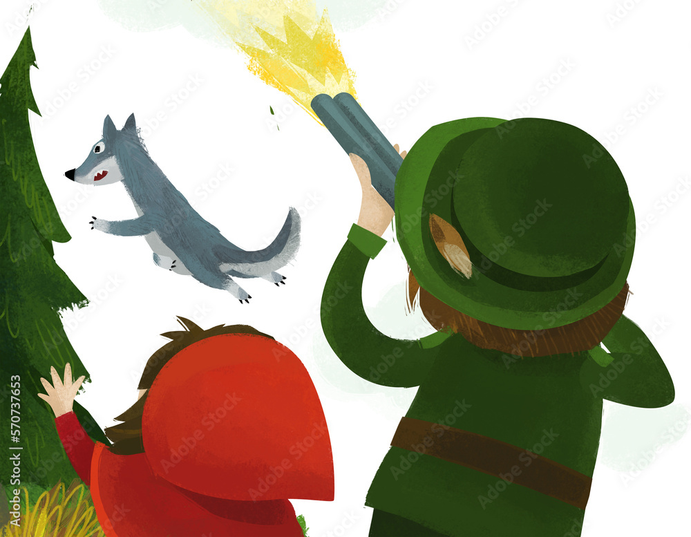 cartoon scene with hunter forester hunting wolf in the forest with ...
