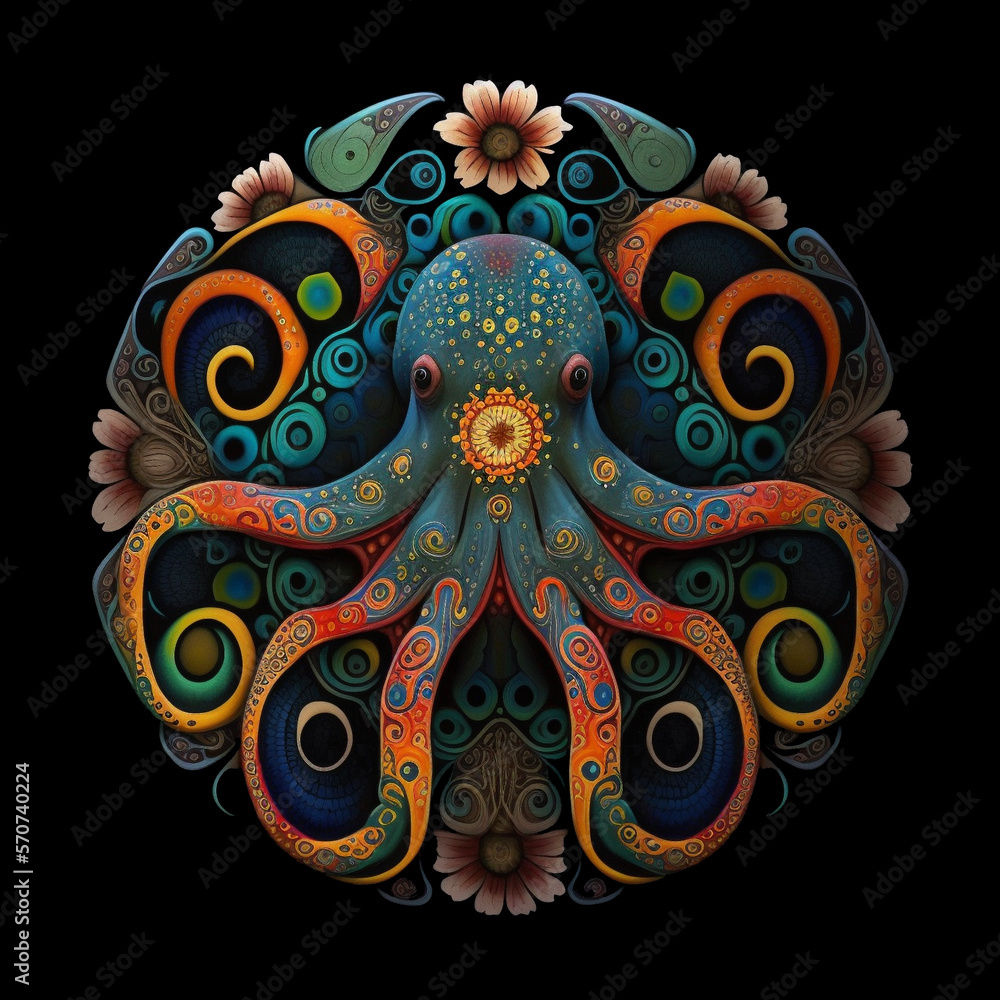 Colorful ornate octopus mandala art on a black background. Created with ...