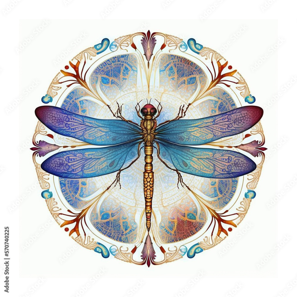Colorful ornate dragonfly mandala art on a white background. Created ...