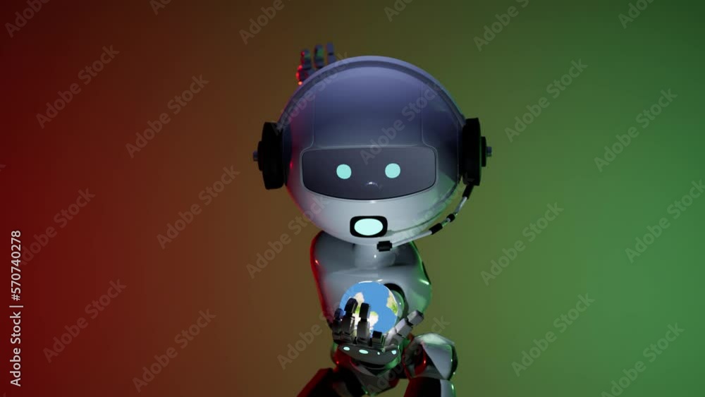 robot animation with rotating earth globe on hand with red green ...