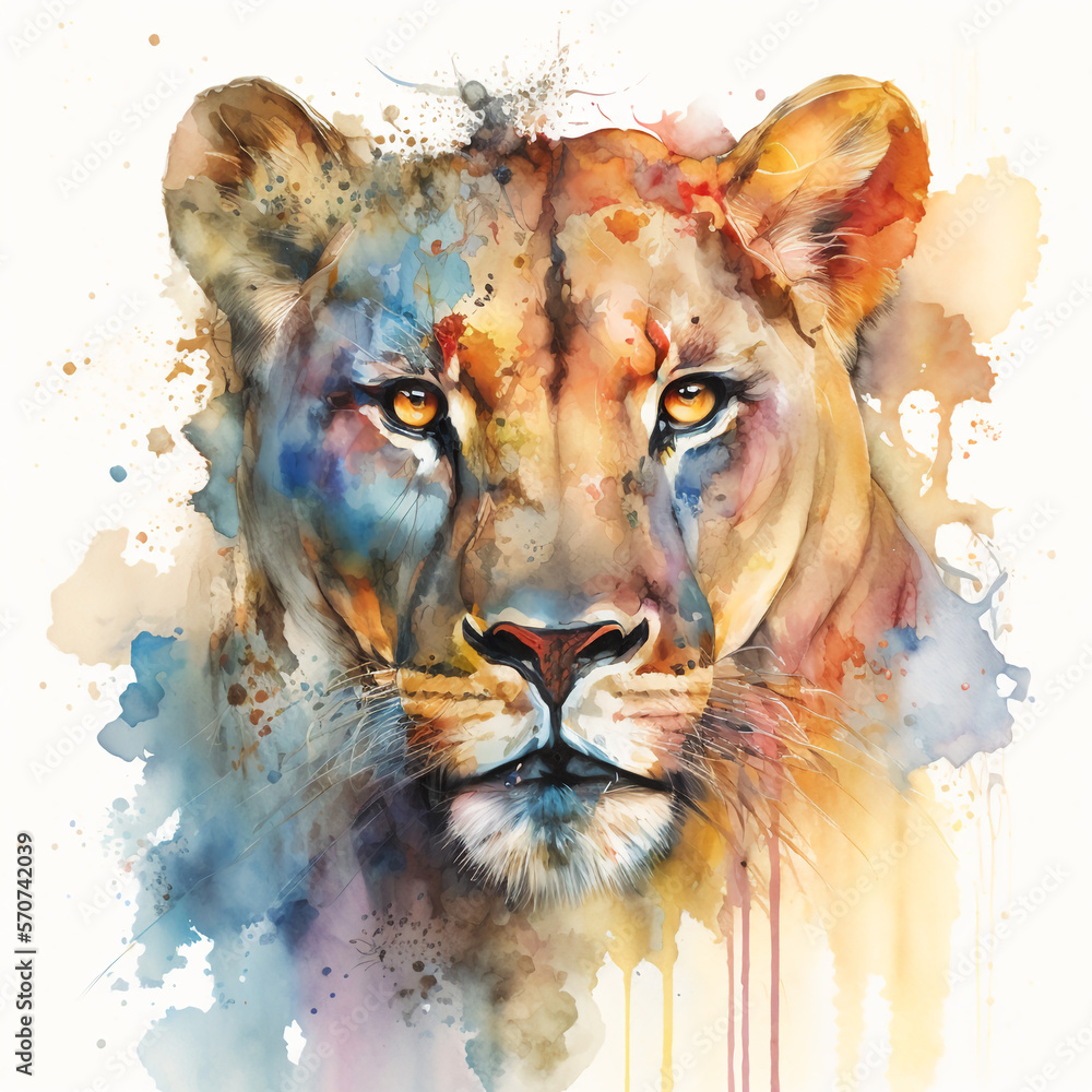 Watercolor lioness portrait painting. Realistic wild animal ...