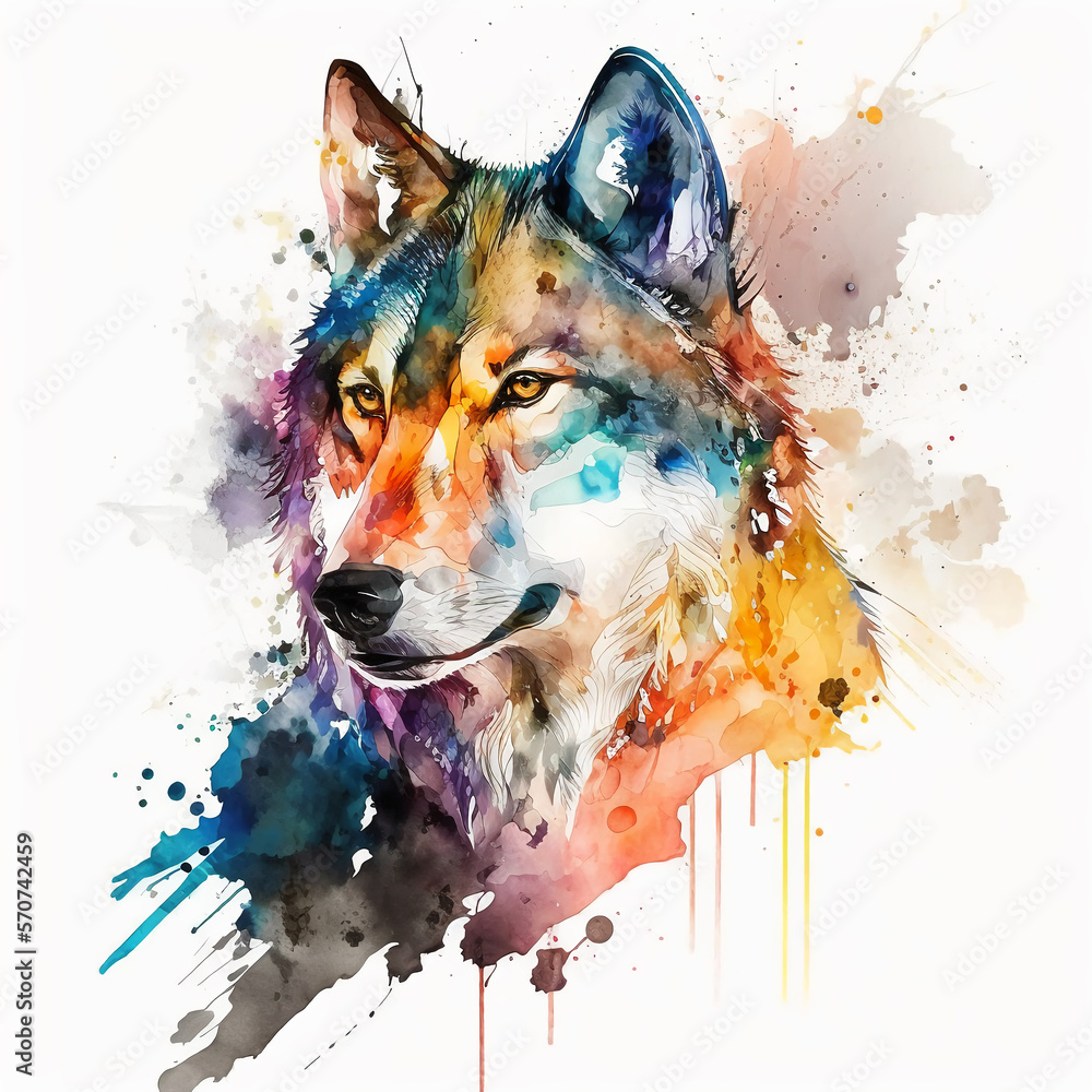 Watercolor wolf portrait painting. Realistic wild animal illustration on white background ...