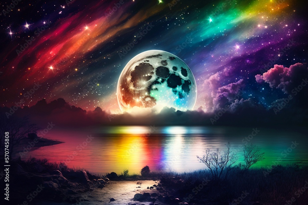 Magical night background with full moon, beautiful rainbow at starry night. Fairytale night ...