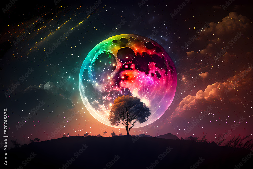 Magical night background with full moon, beautiful rainbow at starry ...