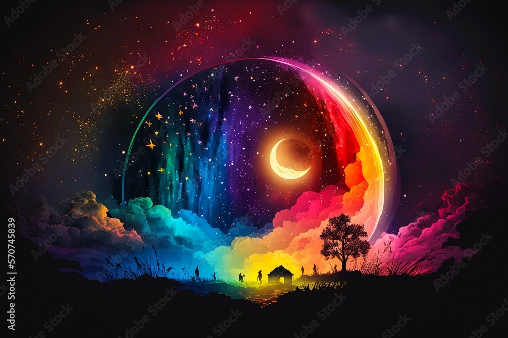 Magical night background with full moon, beautiful rainbow at starry ...