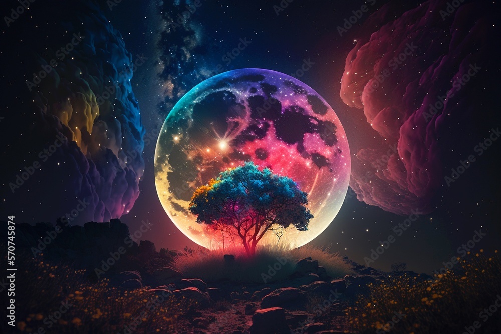 Magical night background with full moon, beautiful rainbow at starry ...