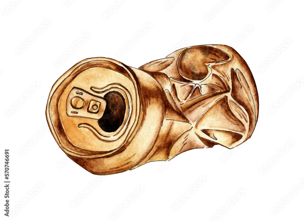 watercolor illustration.crumpled tin can, crushed metal bottles with an ...