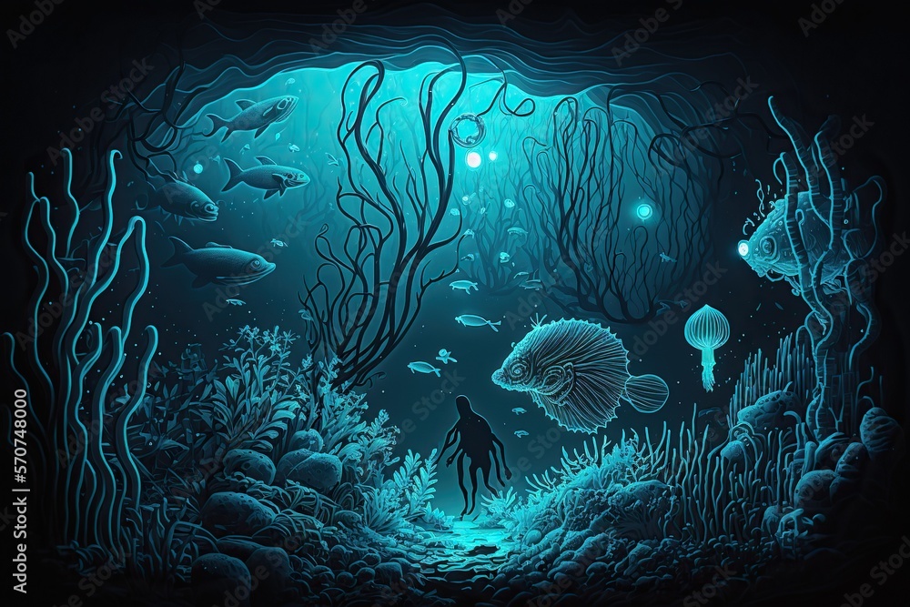 Deep-sea environment with strange creatures and bioluminescent plants ...