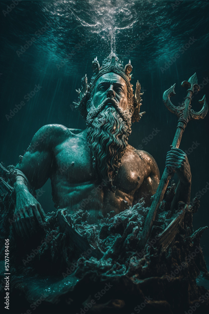 Sunken statue of the god Poseidon, ancient Greek mythology, ai ...