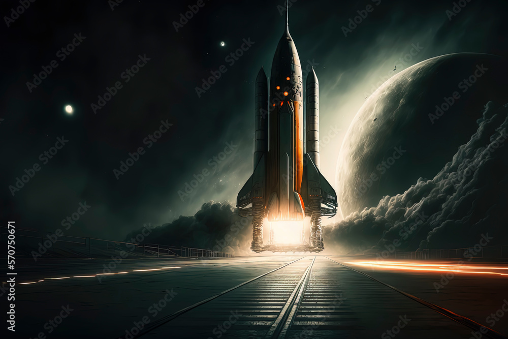 sleek space rocket going to the launchpad. dark stary night. AI ...