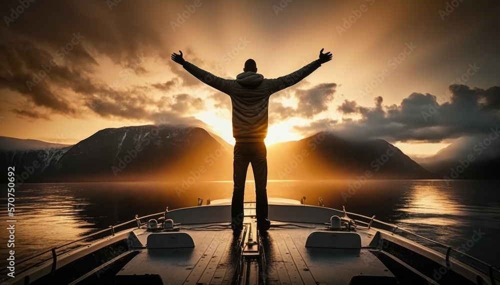 man standing on a boat with his arms wide open in the air with his arms ...