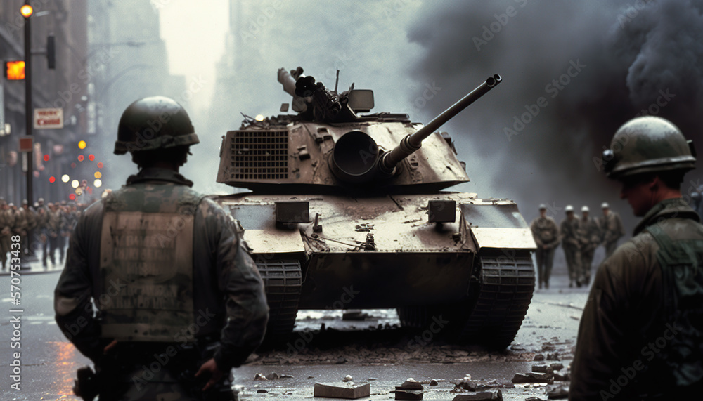 Military Tank shot down during enemy attack in New York City. Soldiers ...