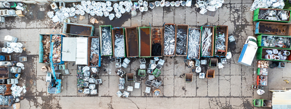 Containers from a height with different types of metal, Sorting for ...