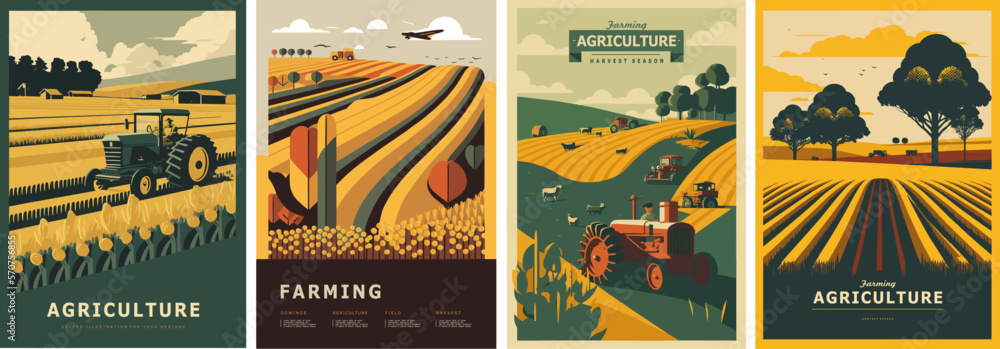 Agriculture, nature and farming. Harvest, tractor, field, trees and ...