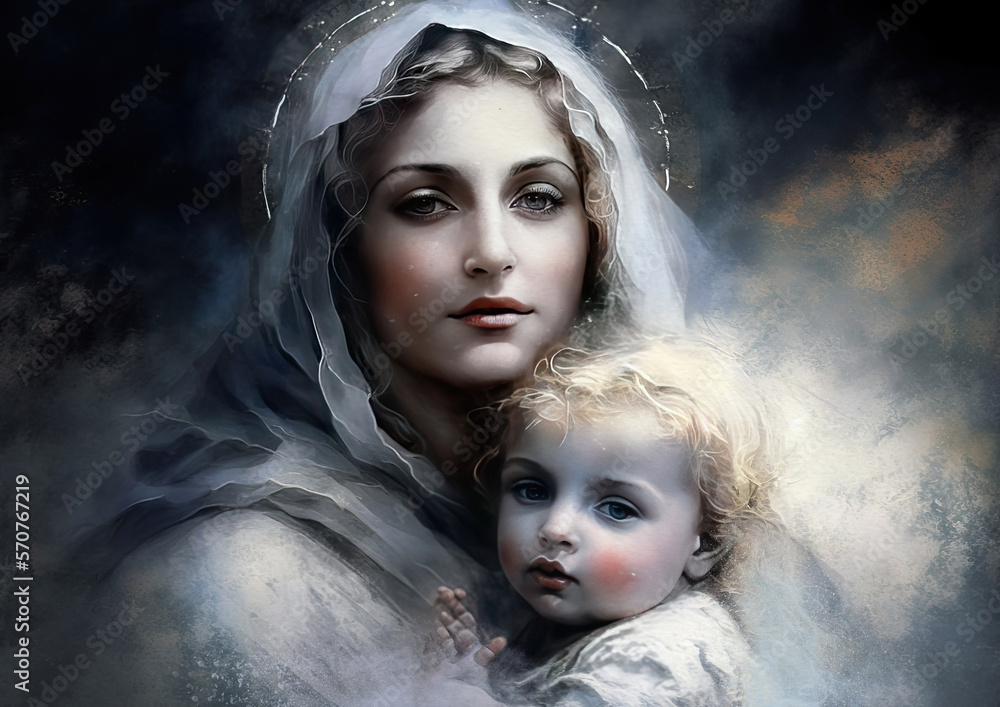 Virgin Mary with Child Jesus, religious illustration, generative ai ...