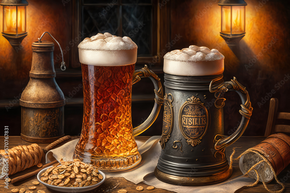 Two beer steins overflowing with rich, frothy beer on a vintage pub ...