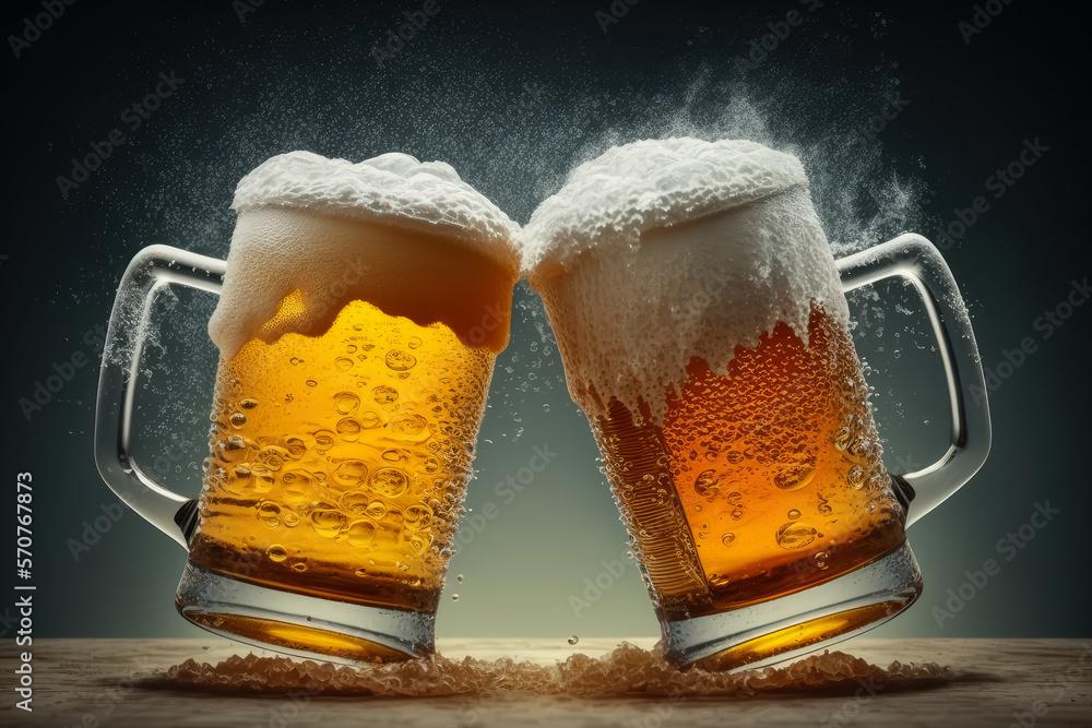 Two frosty beer mugs clinking together in a toast, generative ai Stock ...